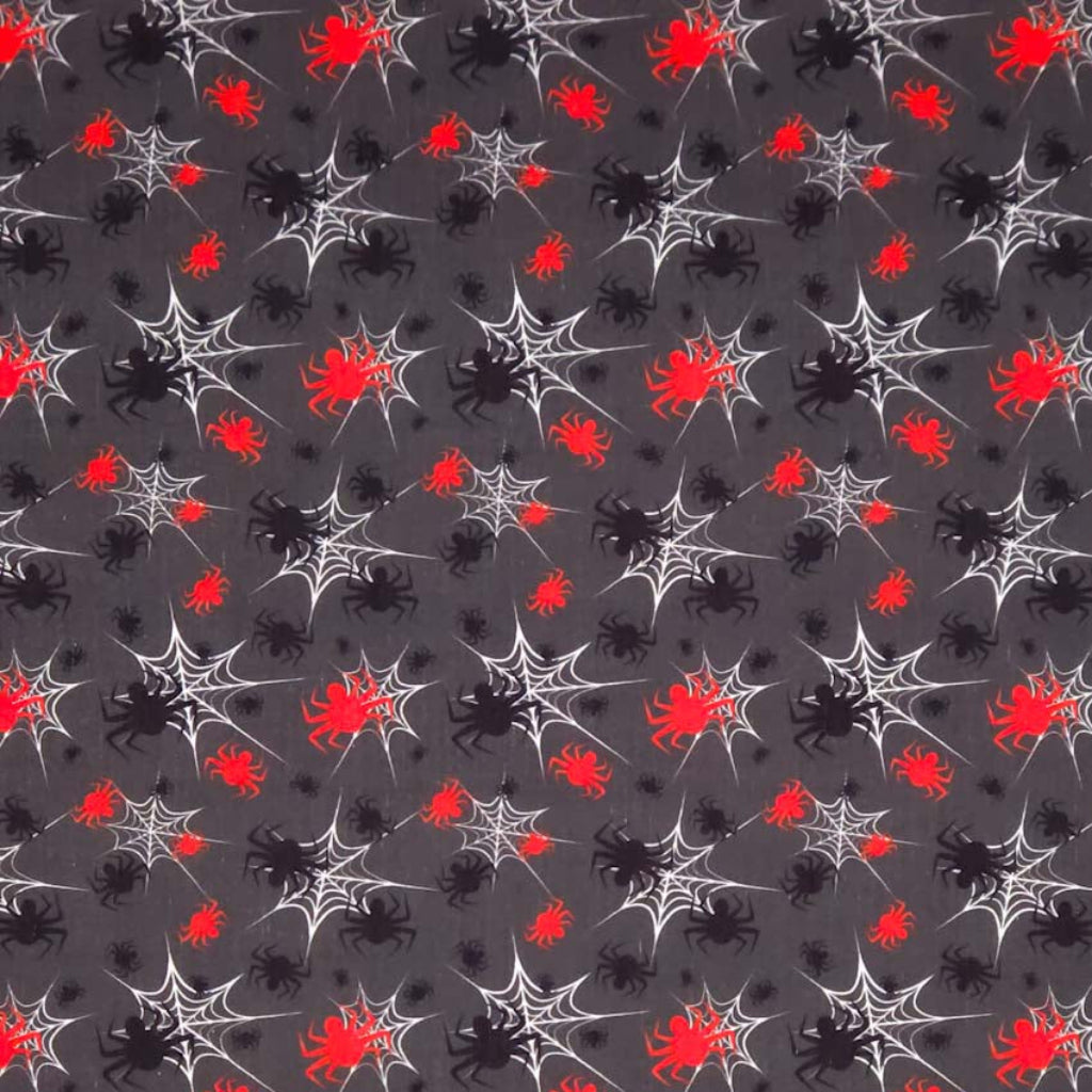 Spiders on Cobwebs - Grey - Halloween Polycotton – Fabric Love