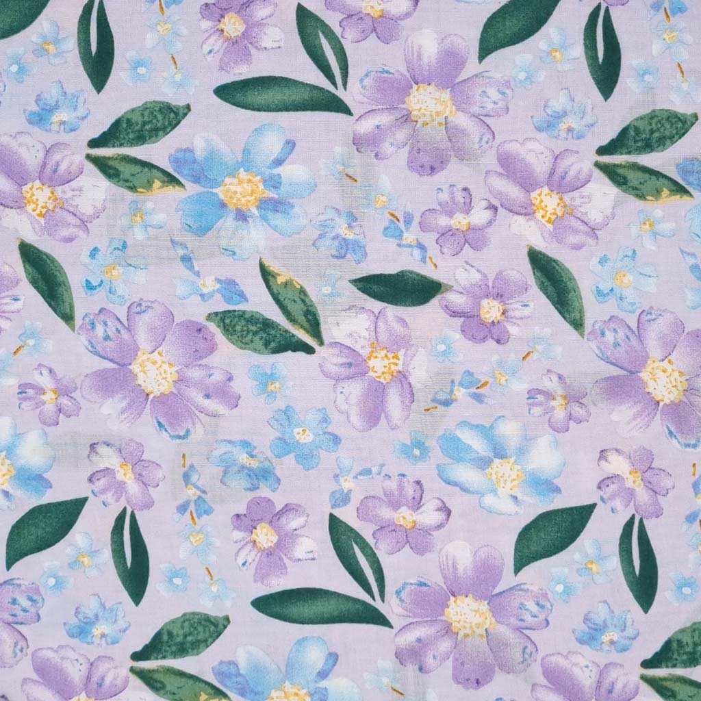 Blue Flower on Lilac - Woven Viscose Fabric – Fabric Love