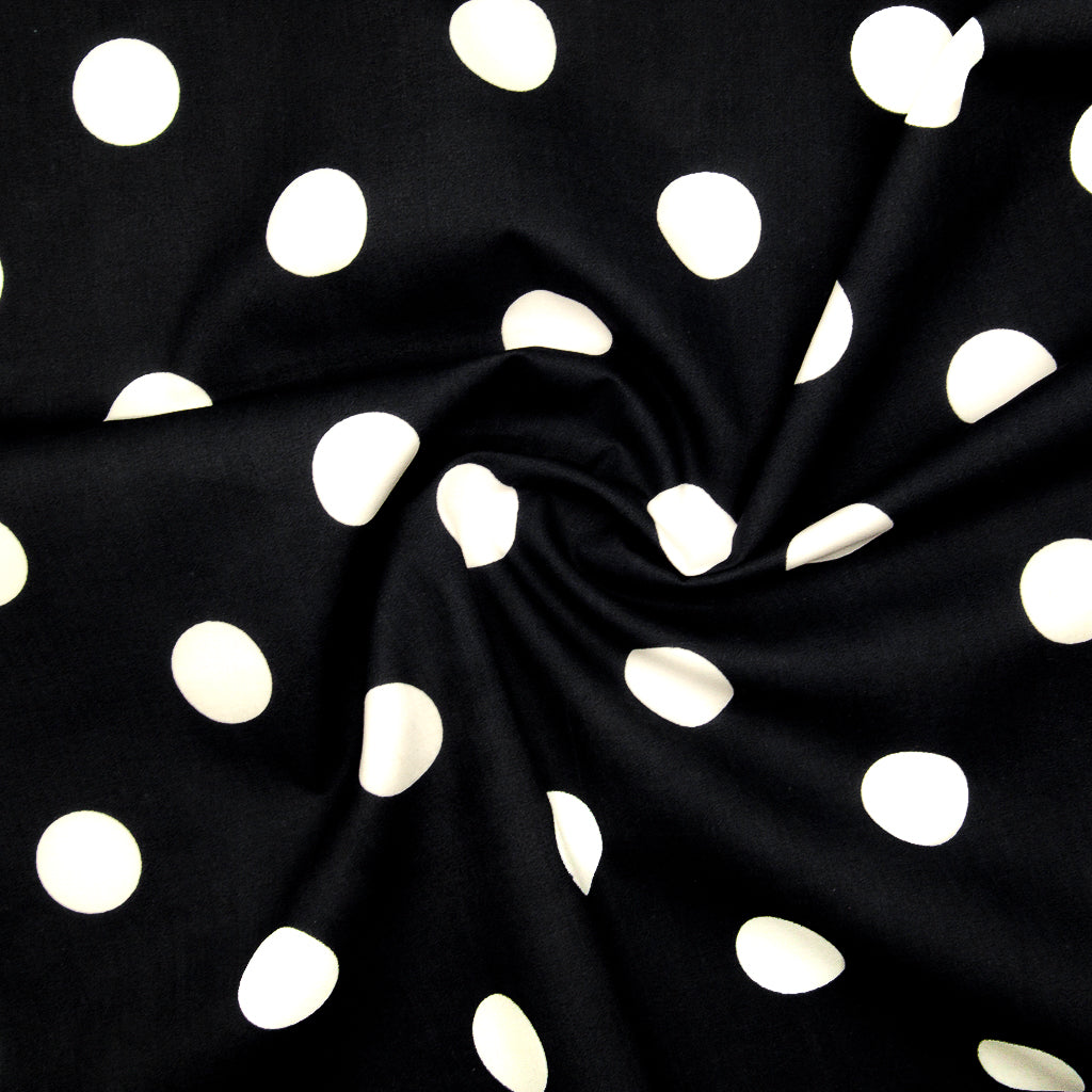 Large White Spots on Black - 25mm Spot - Polycotton – Fabric Love